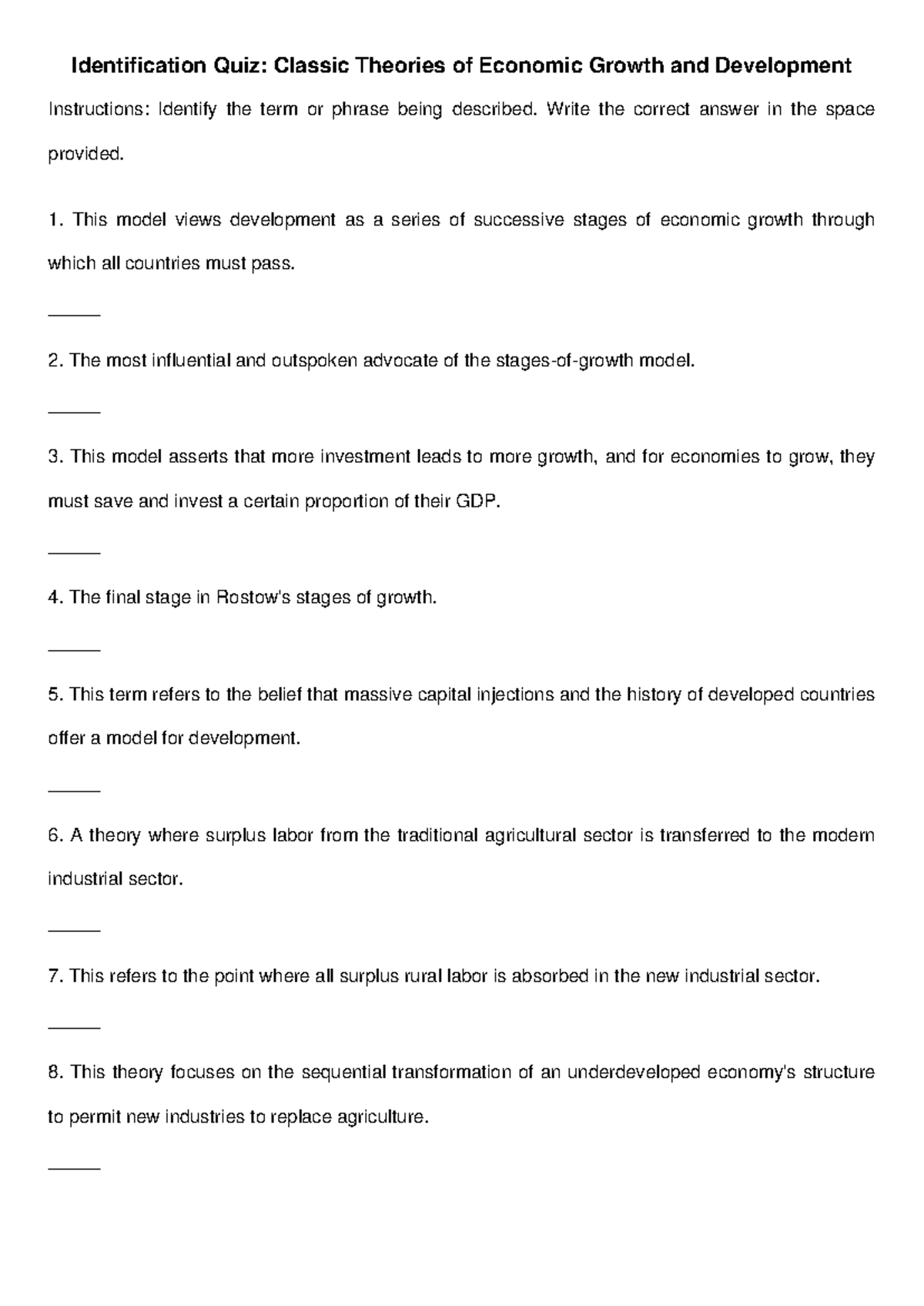 Identification Quiz: Classic Theories of Economic Growth (ECO 101 ...