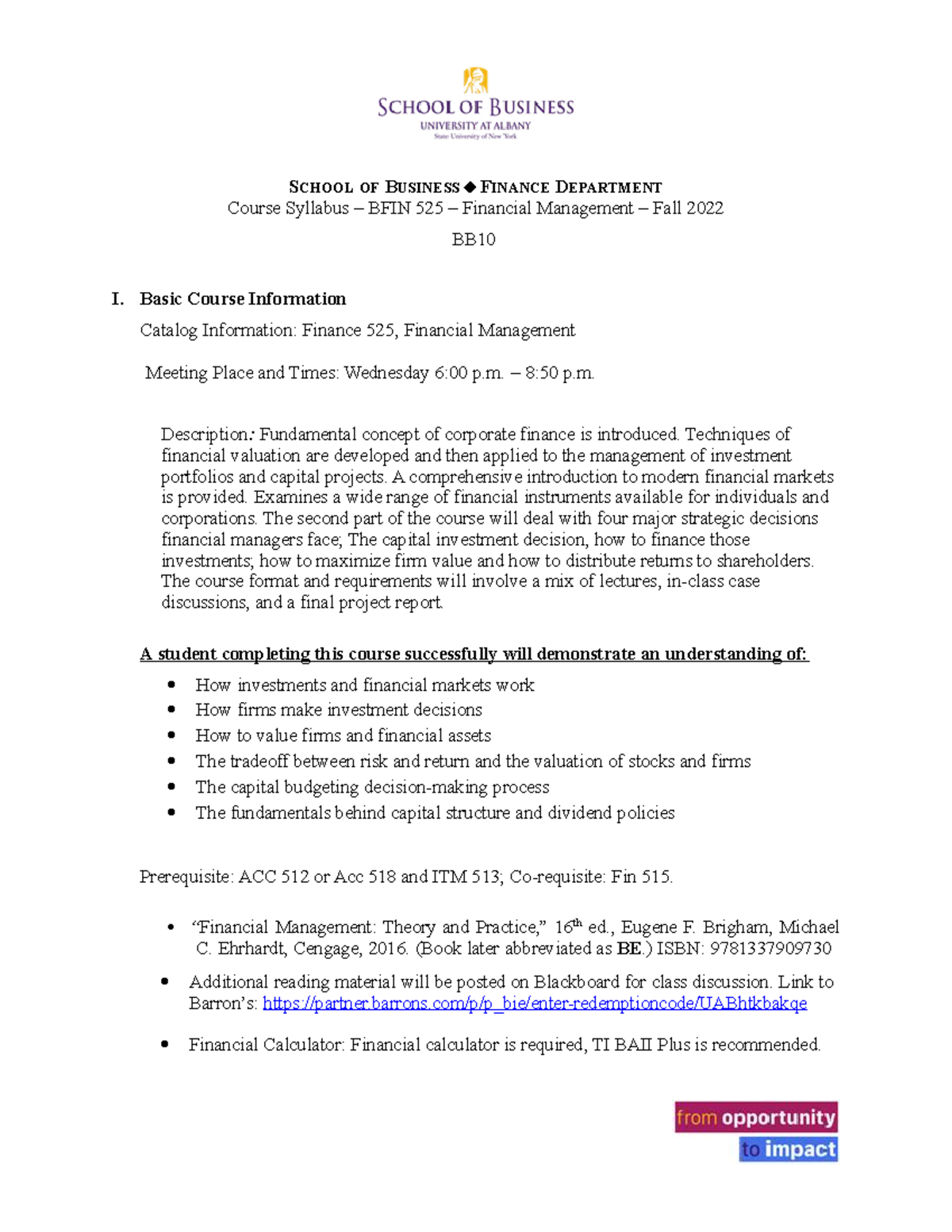 BFIN 525 Financial Management Syllabus - Fall 2022 - Studocu