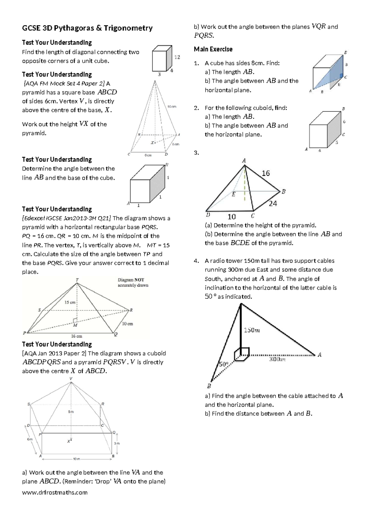 GCSE 3D Trigonometry & Pythagoras Understanding Exercises - Studocu