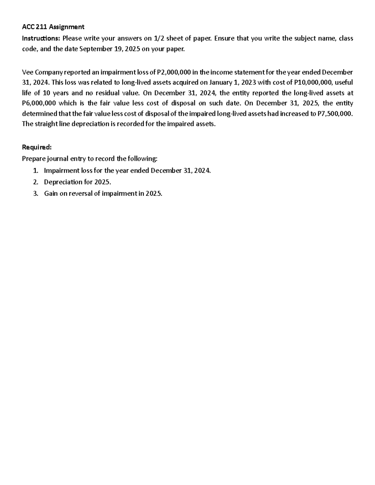 ACC 211 Assignment 09: Impairment Loss & Depreciation Journal Entries - Studocu
