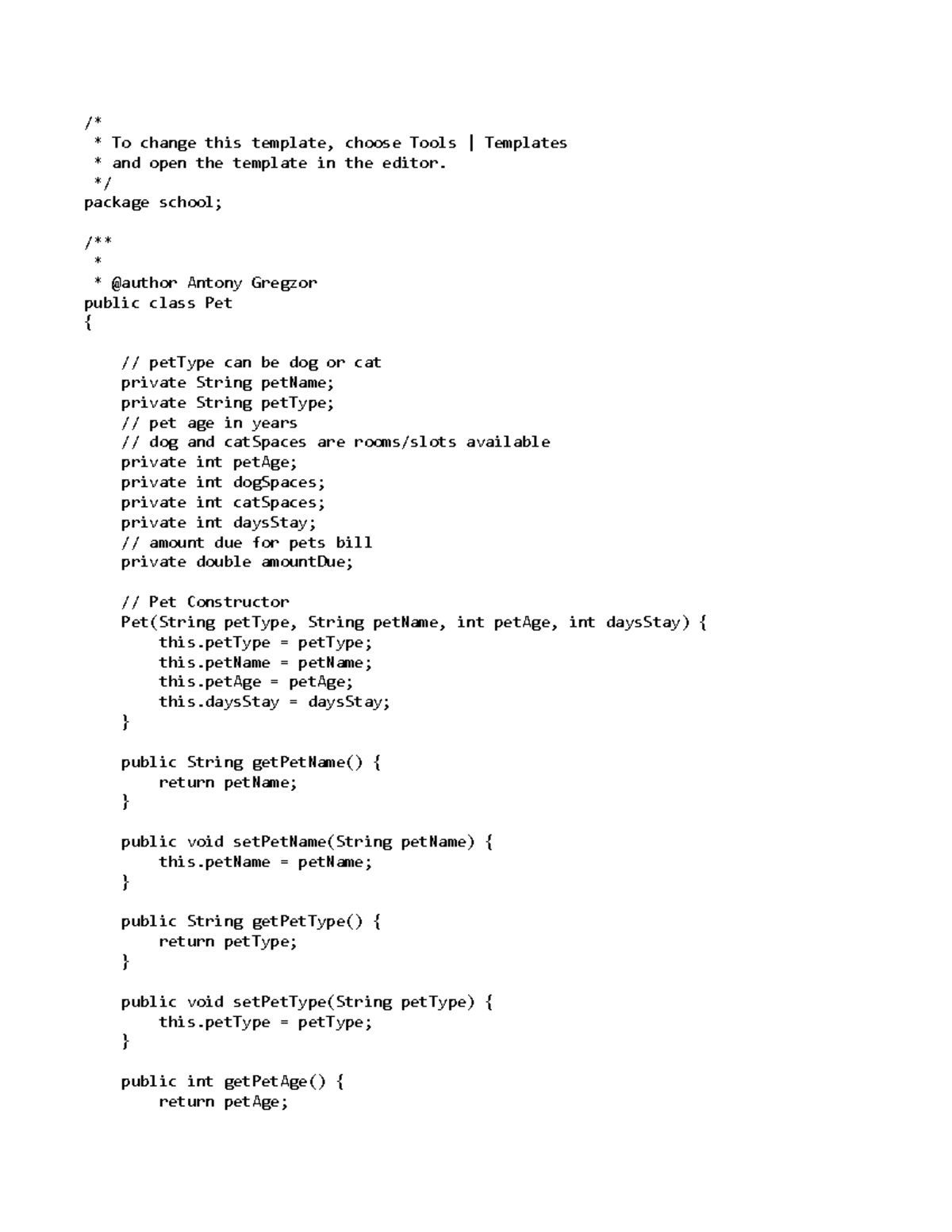 Java Class Implementation: Pet (Code for School Course) - Studocu