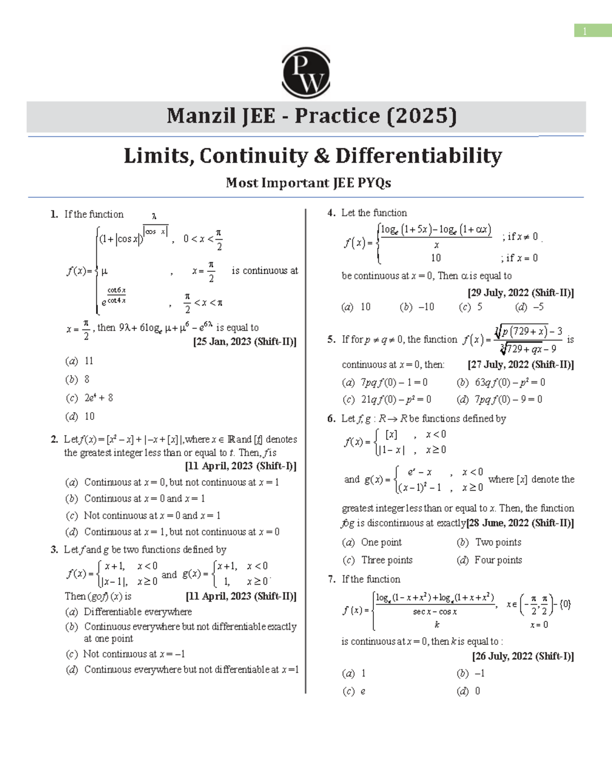 1 Manzil JEE Practice (2025) Limits, Continuity & Differentiability PYQs - Studocu