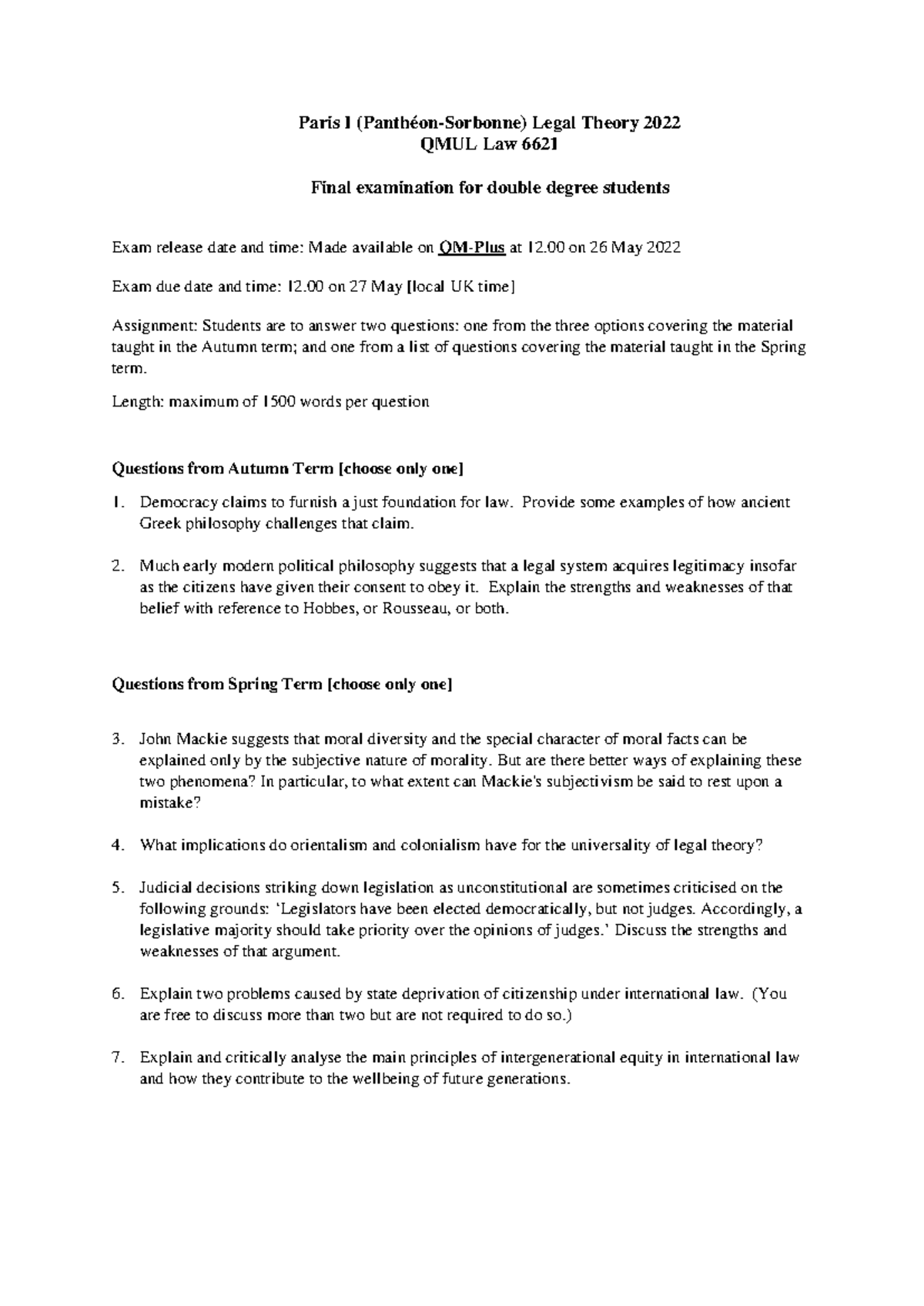 2022 LAW6621 DD Final Exam Questions and Guidelines - Studocu