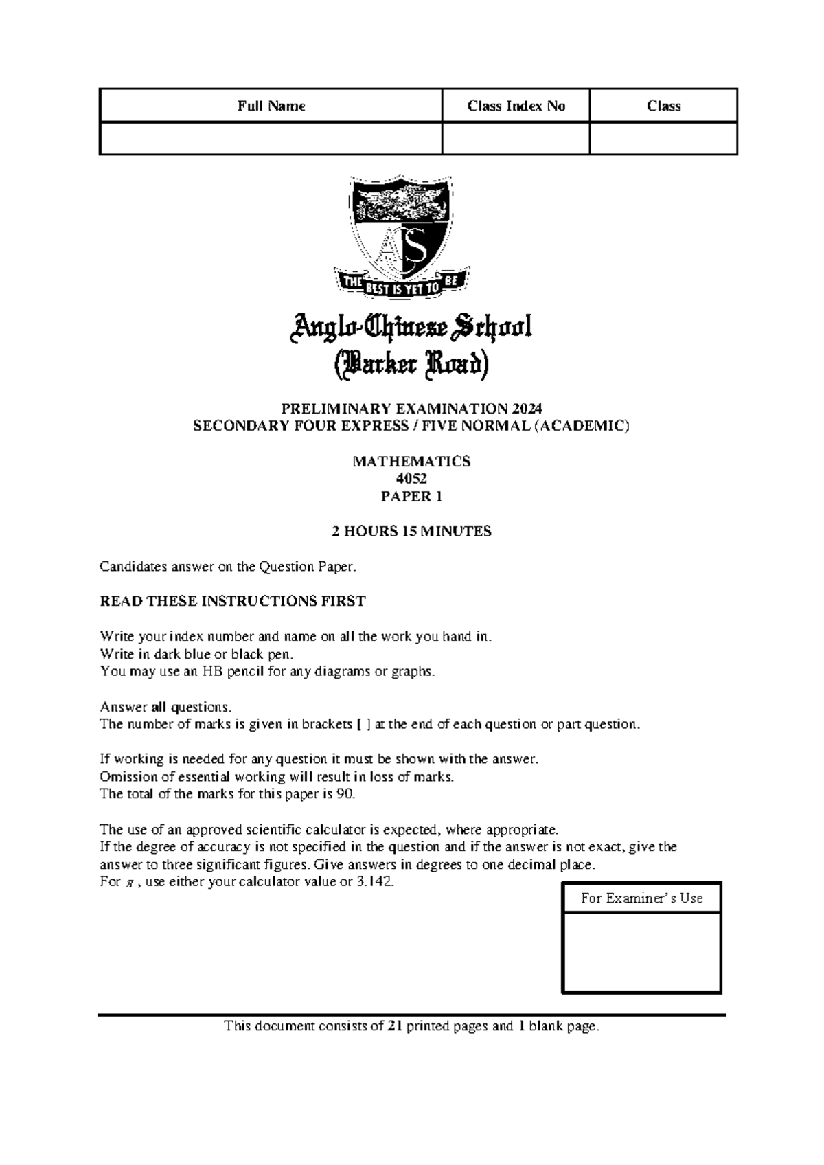 E-Math Sec 4 Preliminary Exam Paper 2024 - ACS Barker Road - Studocu