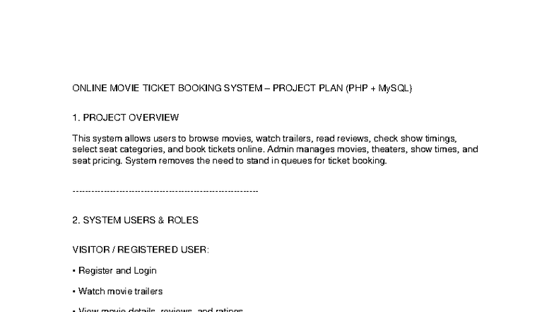 ONLINE MOVIE TICKET BOOKING SYSTEM PROJECT PLAN (PHP MySQL) - Studocu