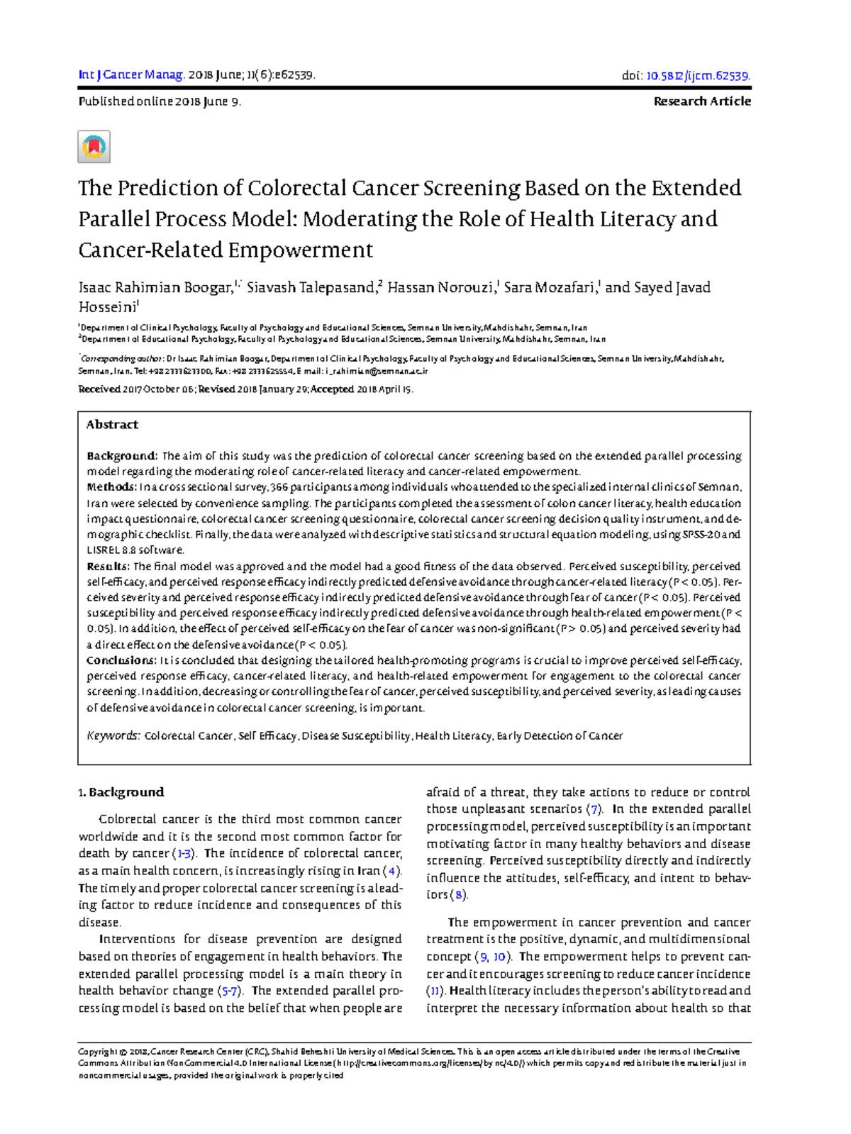 Prediction of Colorectal Cancer Screening: Efficacy of Health Literacy ...