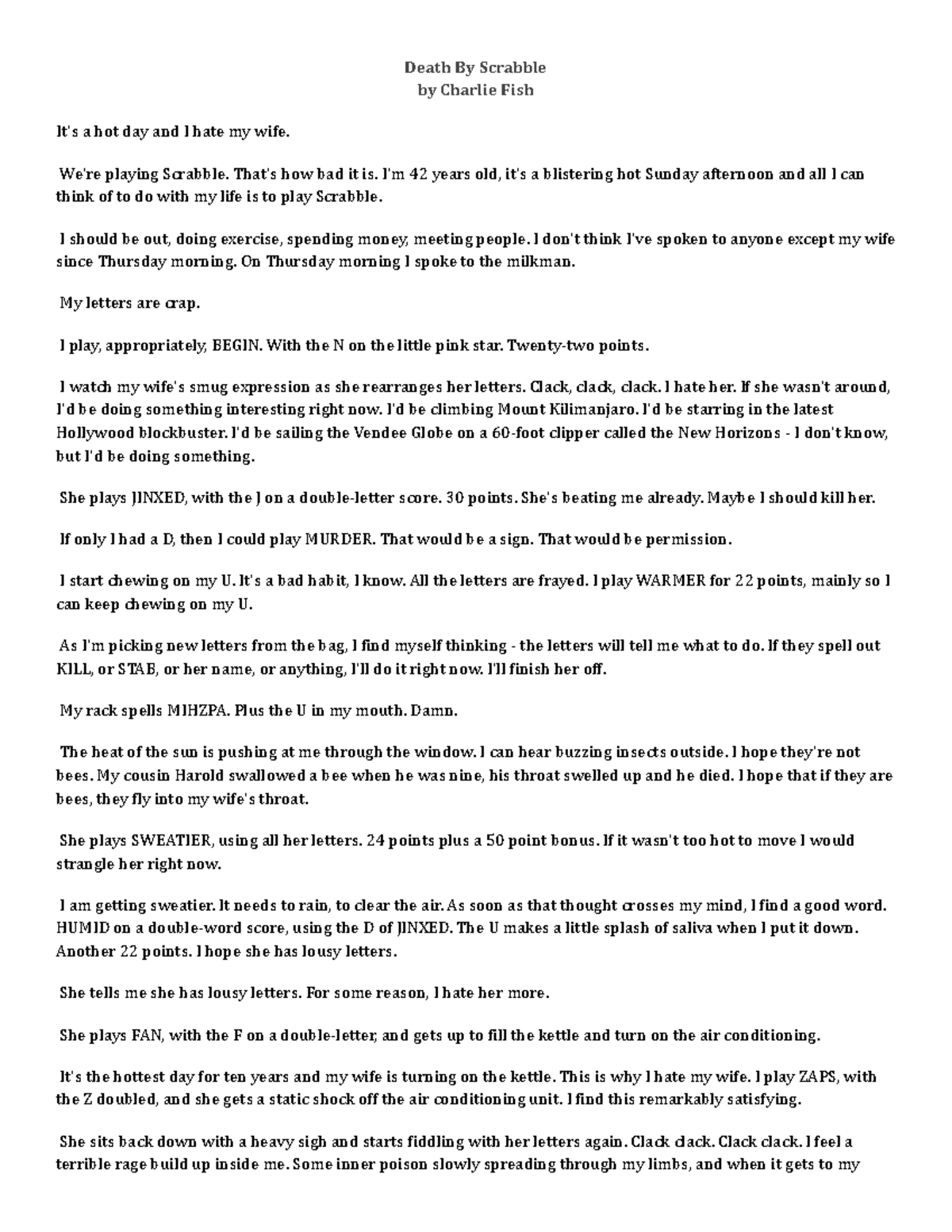 Death By Scrabble - Class Story Prose Test Document - Studocu