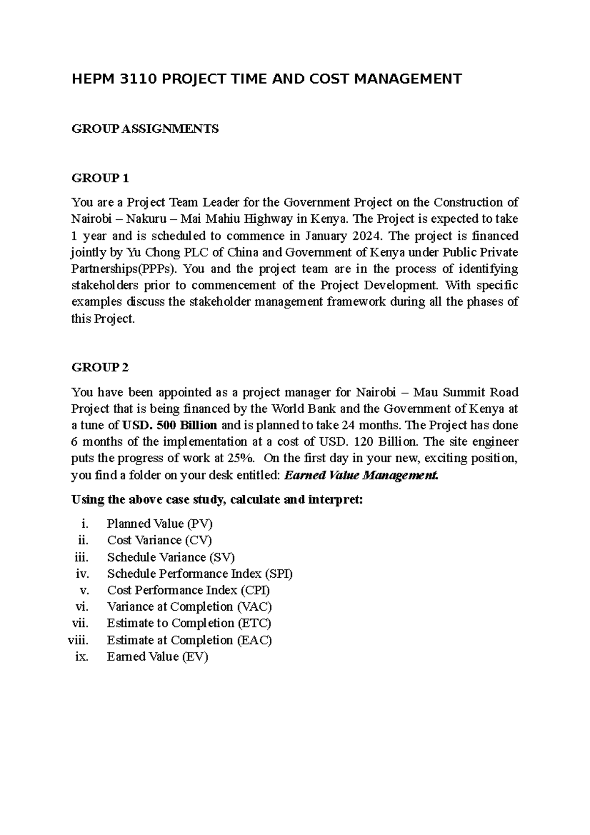 HEPM 3110 Group Assignments on Project Time & Cost Management - Studocu