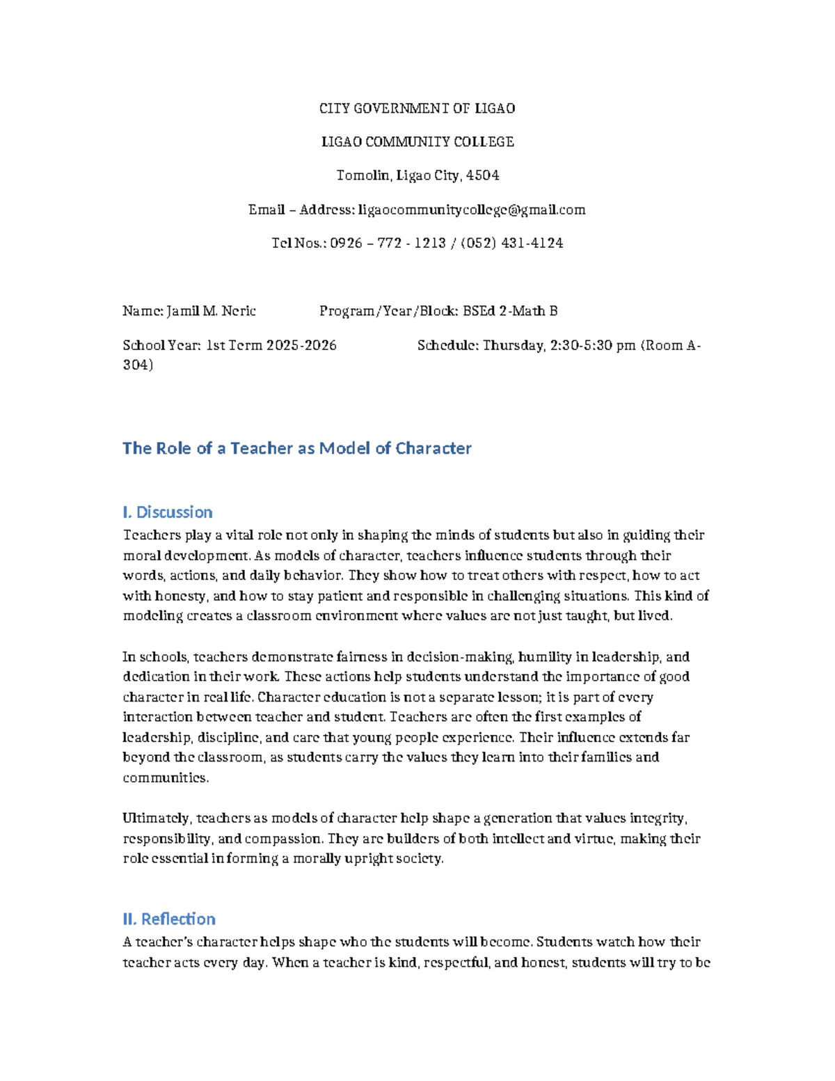 BSEd 304: The Role of a Teacher as a Model of Character - Studocu