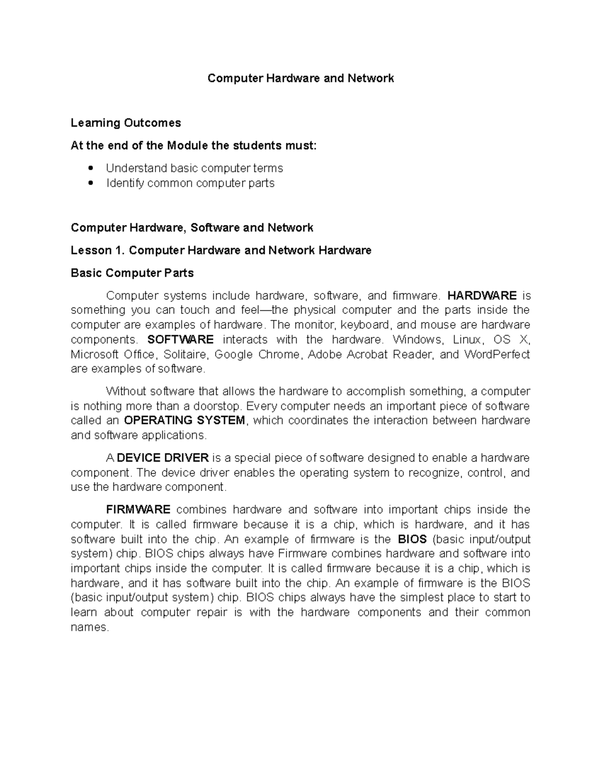 Lesson 1 Computer Hardware and Network Hardware - Computer Hardware and ...