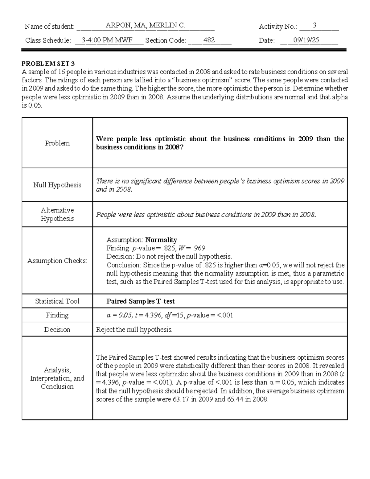 PM MWF 482 Problem Set 3: Paired Samples T-test Analysis - Studocu
