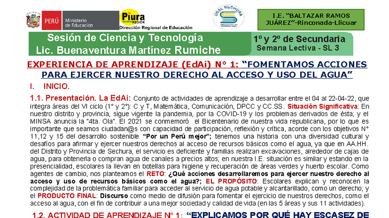 EdAi 1: Acciones para el Acceso al Agua en Secundaria 1º y 2º - Studocu
