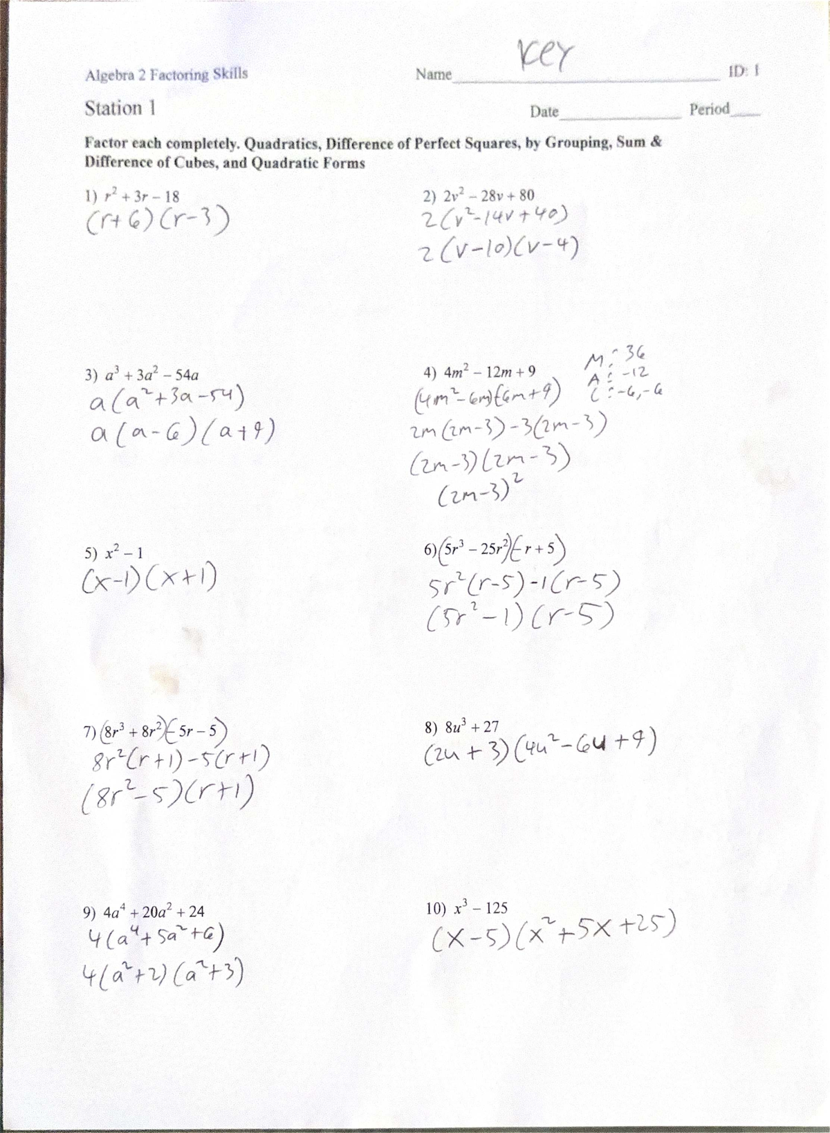 Algebra 2: Key Factoring Skills - Station 1 Notes - Studocu