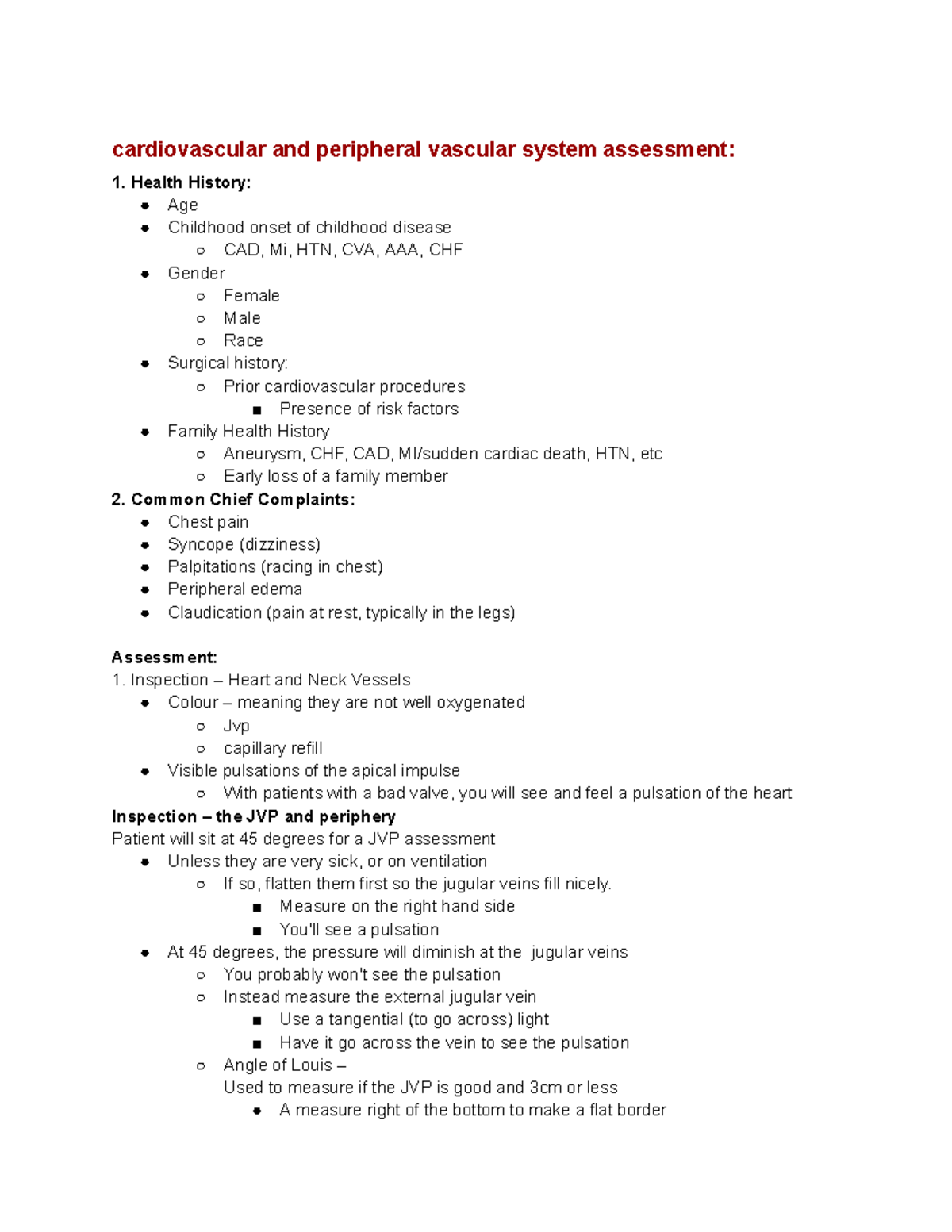 Cardiovascular & PVS Assessment: Week 5 Overview - Studocu