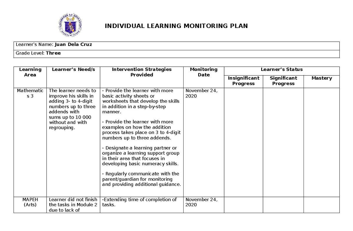 ILMP Sample: Individual Learning Monitoring Plan for Math Skills - Studocu