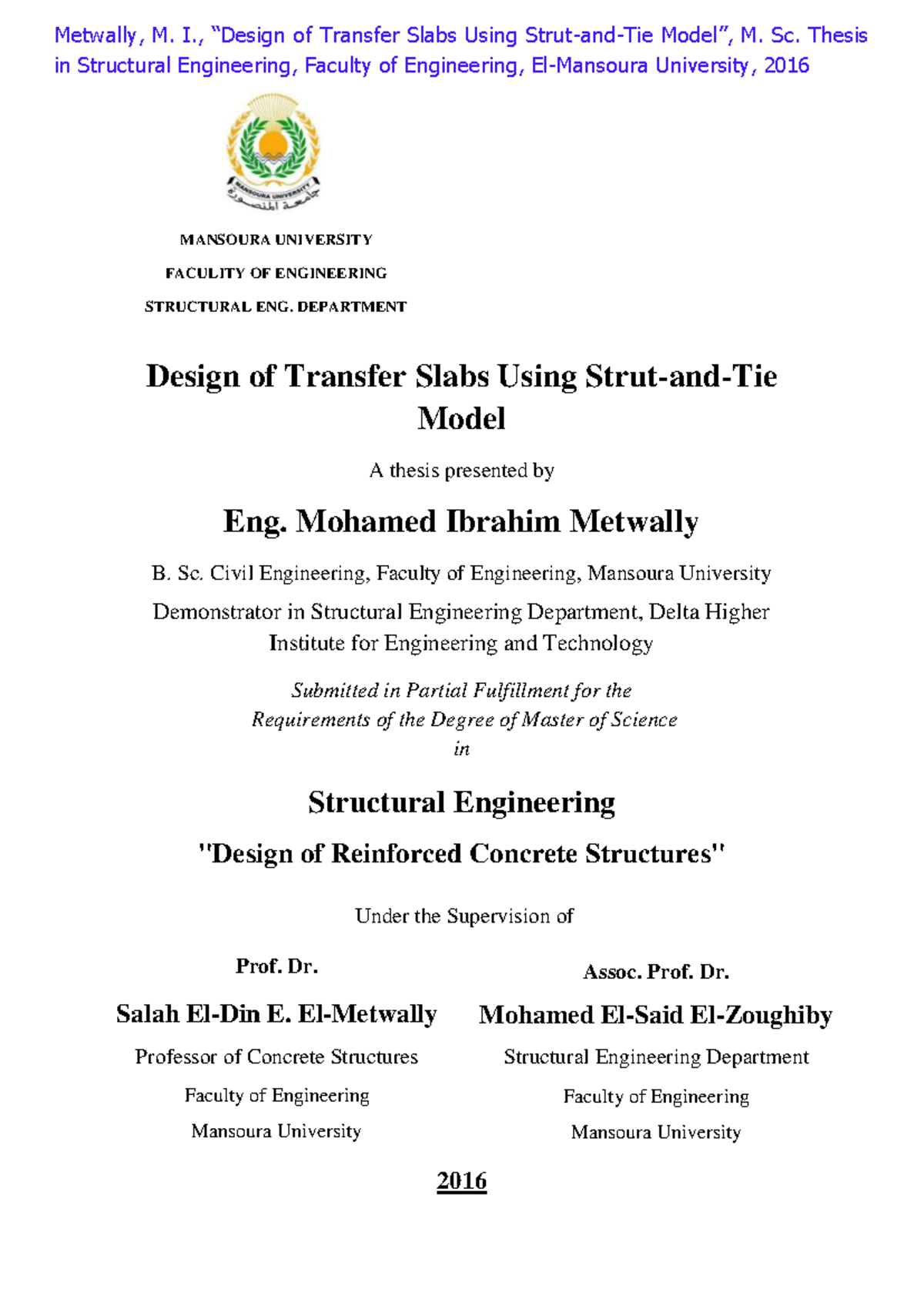 Design of Transfer Slabs Using Strut-and-Tie Model - M. Sc. Thesis ...