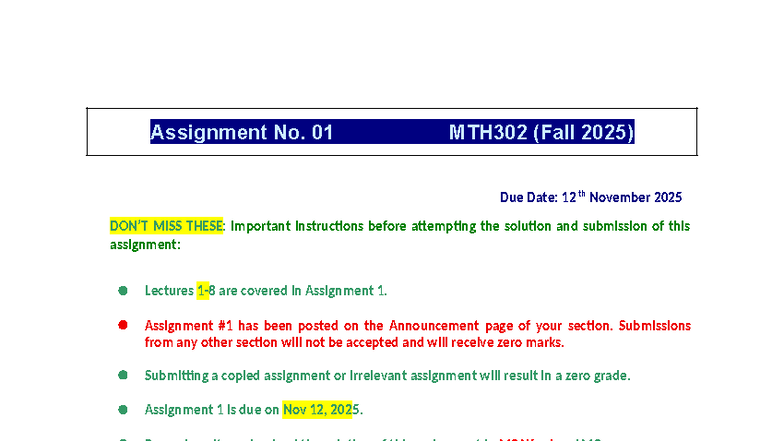 MTH302 Assignment 01 Guidelines & Submission Instructions (Fall 2025 ...