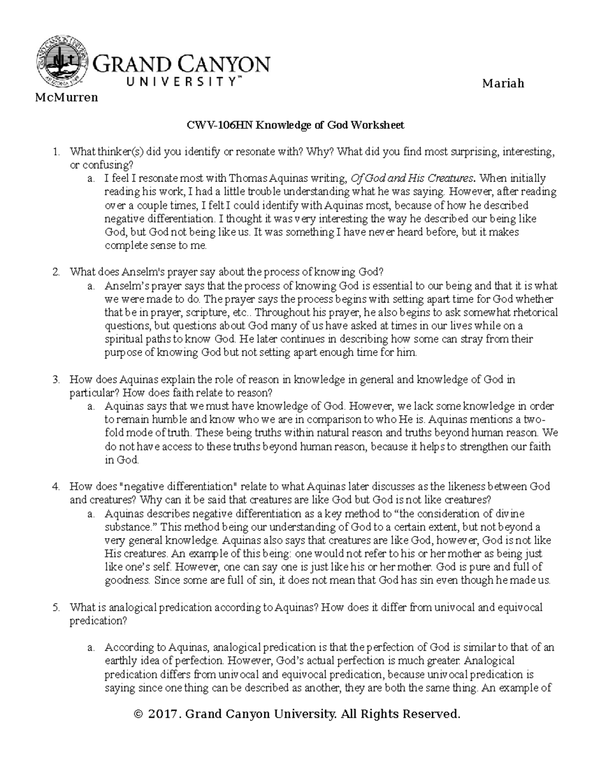 CWV 106HN Knowledge of God Worksheet Insights and Reflections - Studocu