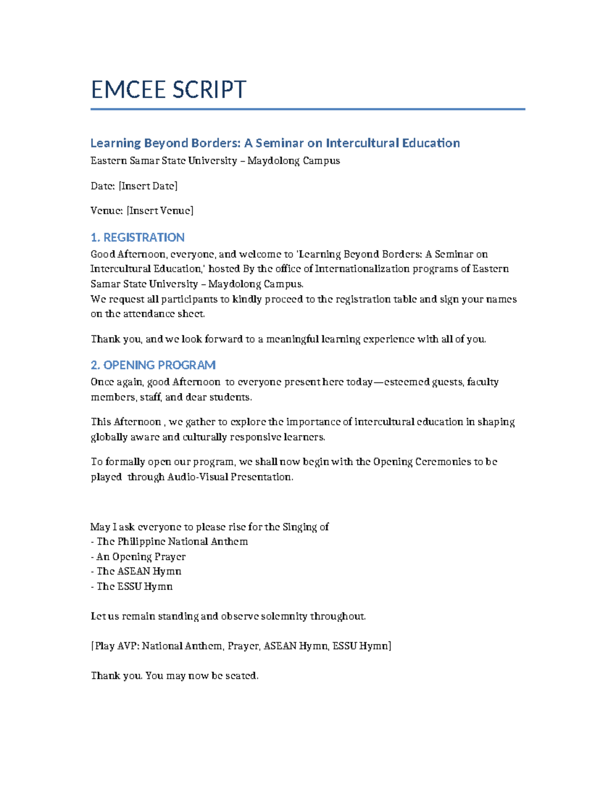EMCEE SCRIPT: Learning Beyond Borders Seminar at ESSU Maydolong - Studocu
