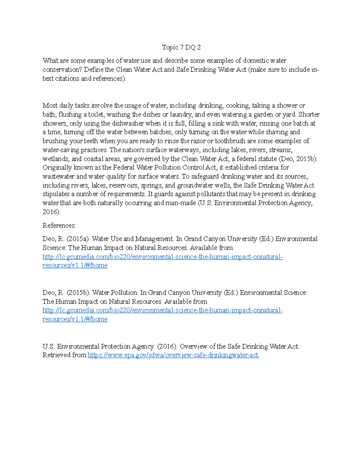 Water Use & Conservation DQ: Clean Water & Drinking Water Acts ...