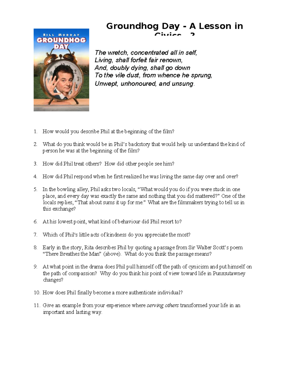 Groundhog Day (Course Code: TBD) - Reflective Questions on Character ...