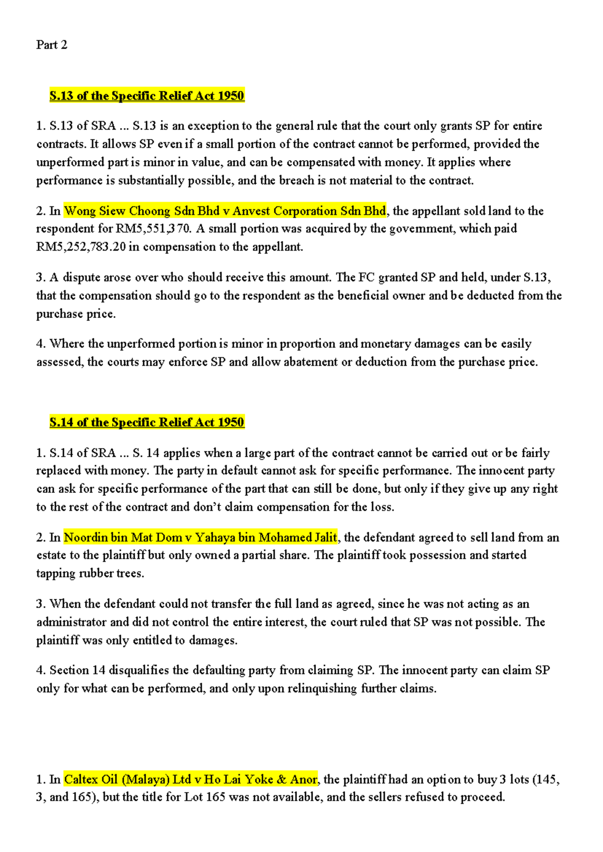 Specific Relief Act 1950: Key Sections S.13 to S.19 Analysis - Studocu