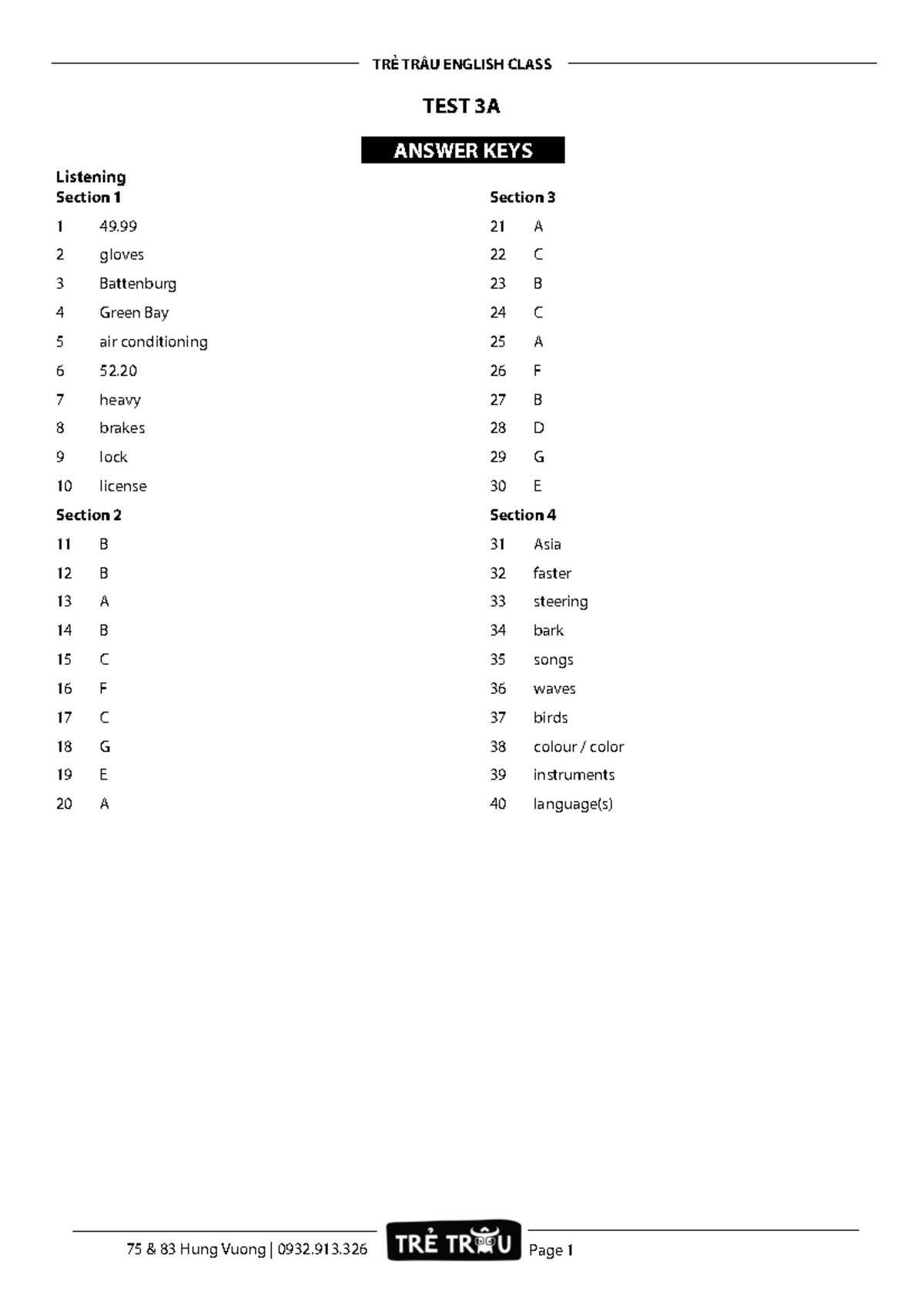 LD - Test 3A - Answer Key for Listening and Reading Sections - Studocu