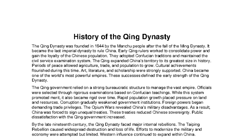 Qing Dynasty History: Rise, Challenges, and Fall - Studocu