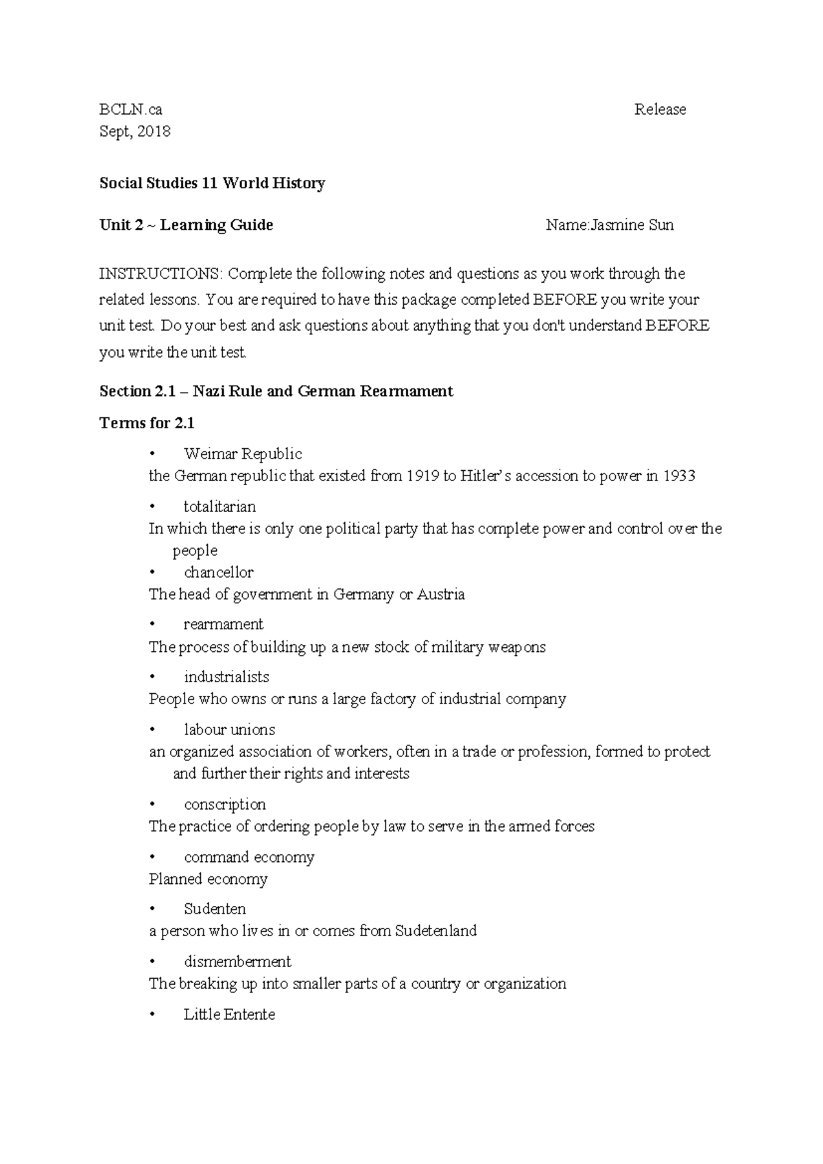 BCLN.ca Social Studies 11 World History Unit 2 Learning Guide - Studocu