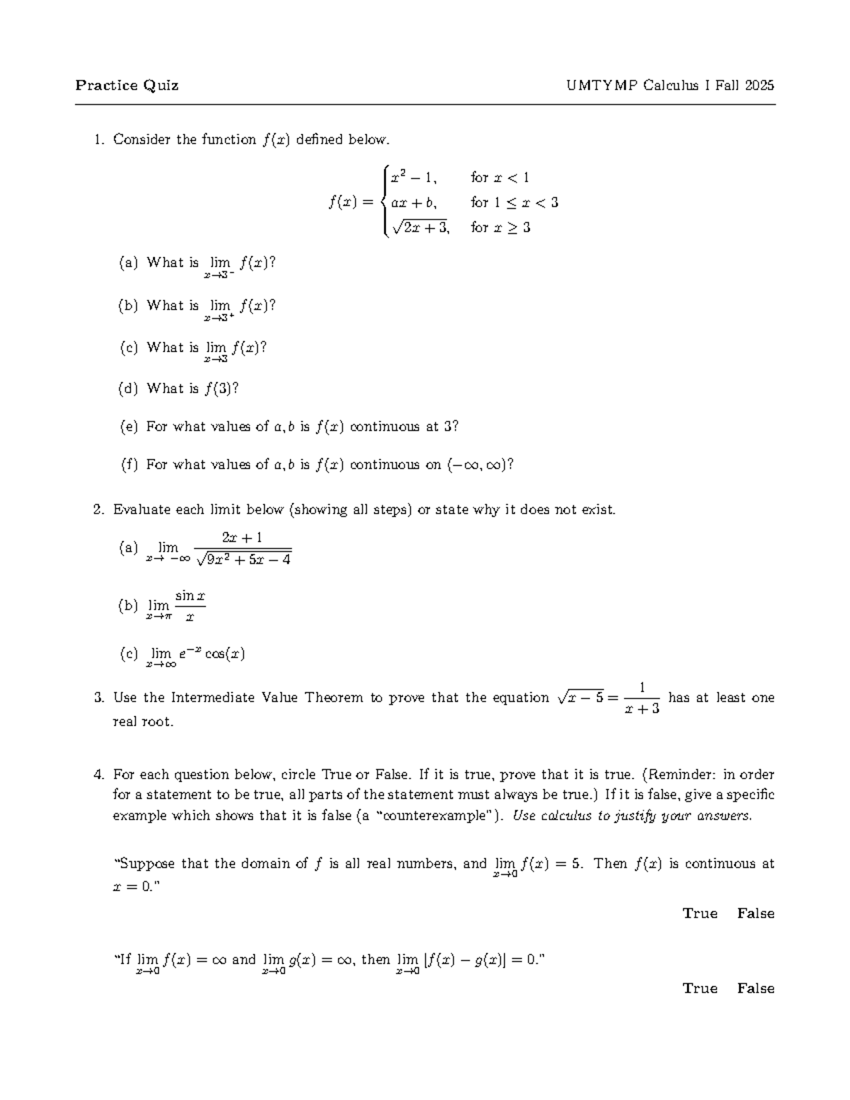Practice Quiz UMTYMP Calculus I Fall 2025: Limits & Continuity - Studocu