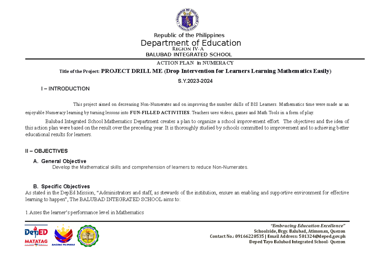 Numeracy Action Plan for SY23-24: Project Drill ME at Balubad School ...