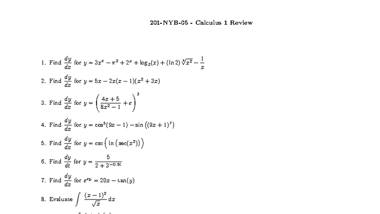201-NYB-05 - Calculus 1 Derivatives and Integrals Review - Studocu