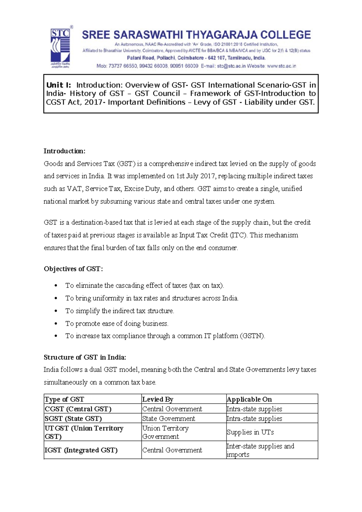 GST 101: Overview of CGST Act, Key Definitions & Framework - Studocu