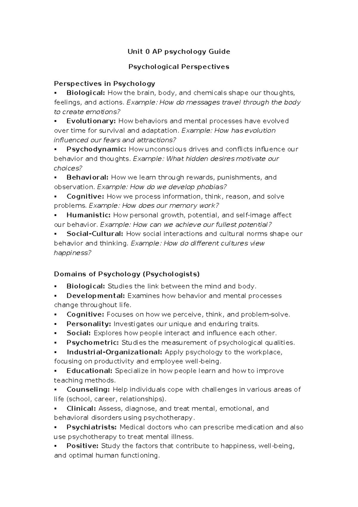 Unit 0 AP psychology guide: Understanding psychological perspectives ...