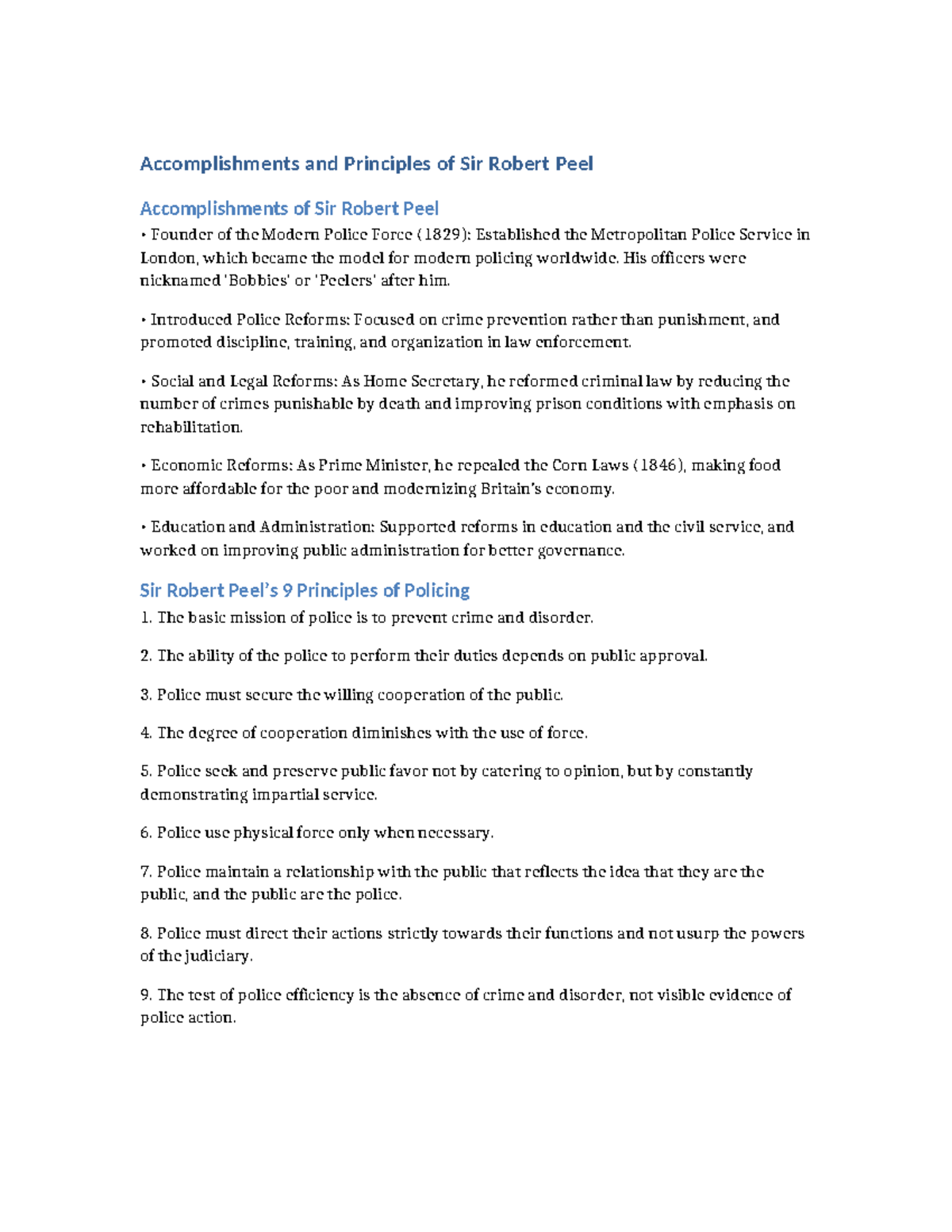 Sir Robert Peel: Accomplishments & Principles of Modern Policing - Studocu