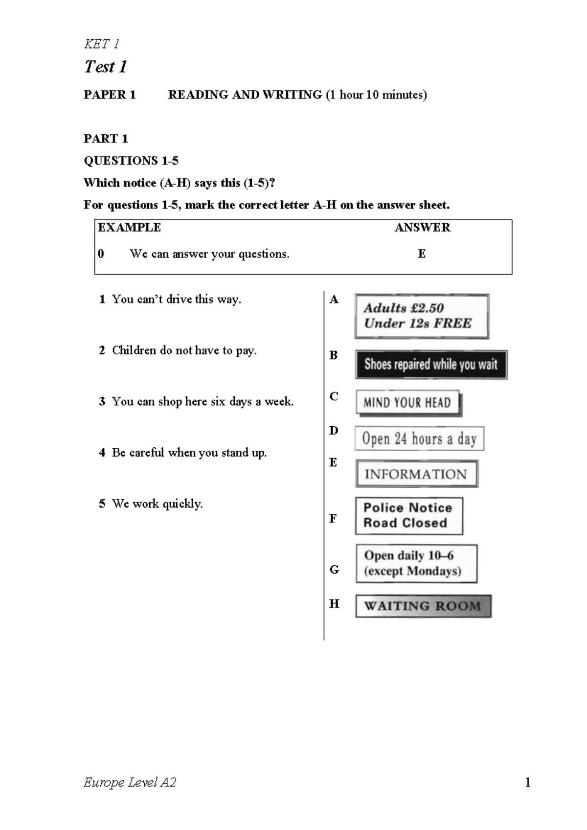 De thi mau tieng anh bang a2 chau au - Test 1 ####### PAPER 1 READING ...