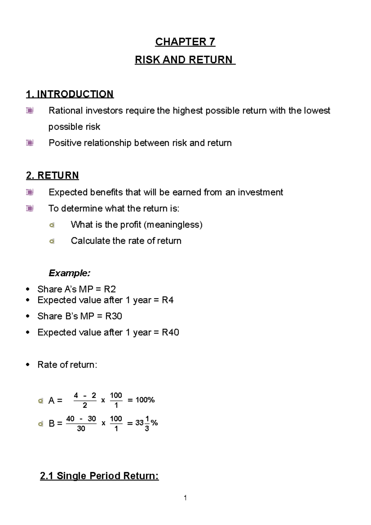 Chapter 7: Understanding Risk and Return in Investments (FIN200) - Studocu