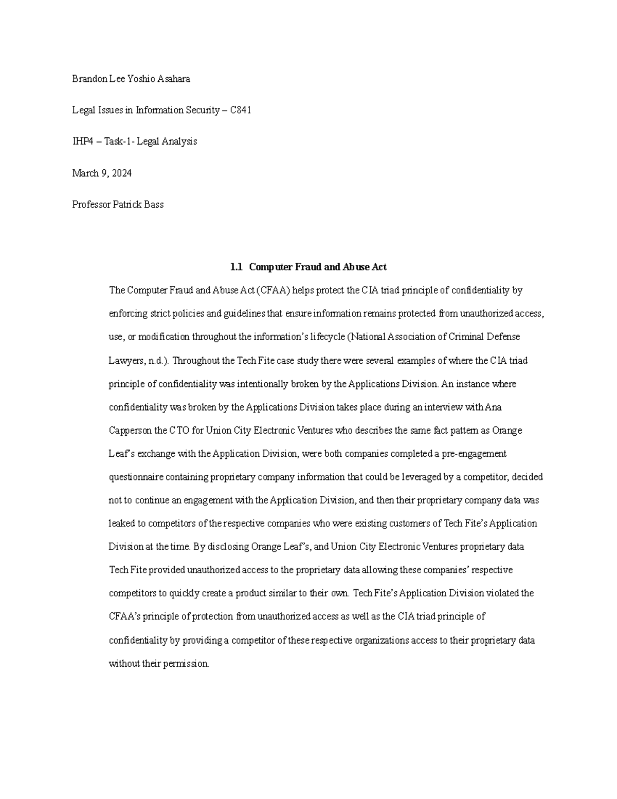 IHP4 - Task 1: Legal Analysis of Tech Fite's Compliance Issues - Studocu