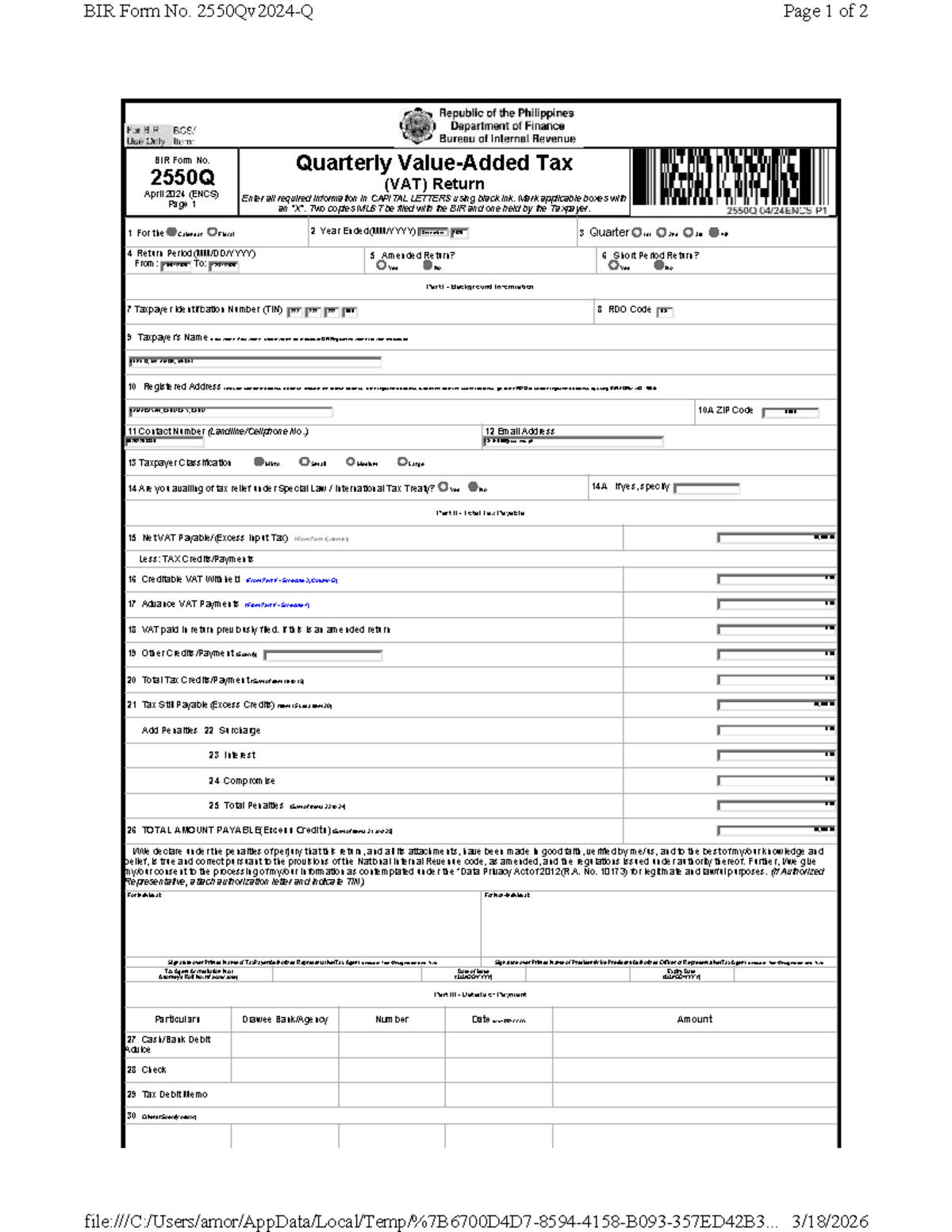 BIR Form 2550Q - Quarterly VAT Return Instructions (April 2024) - Studocu