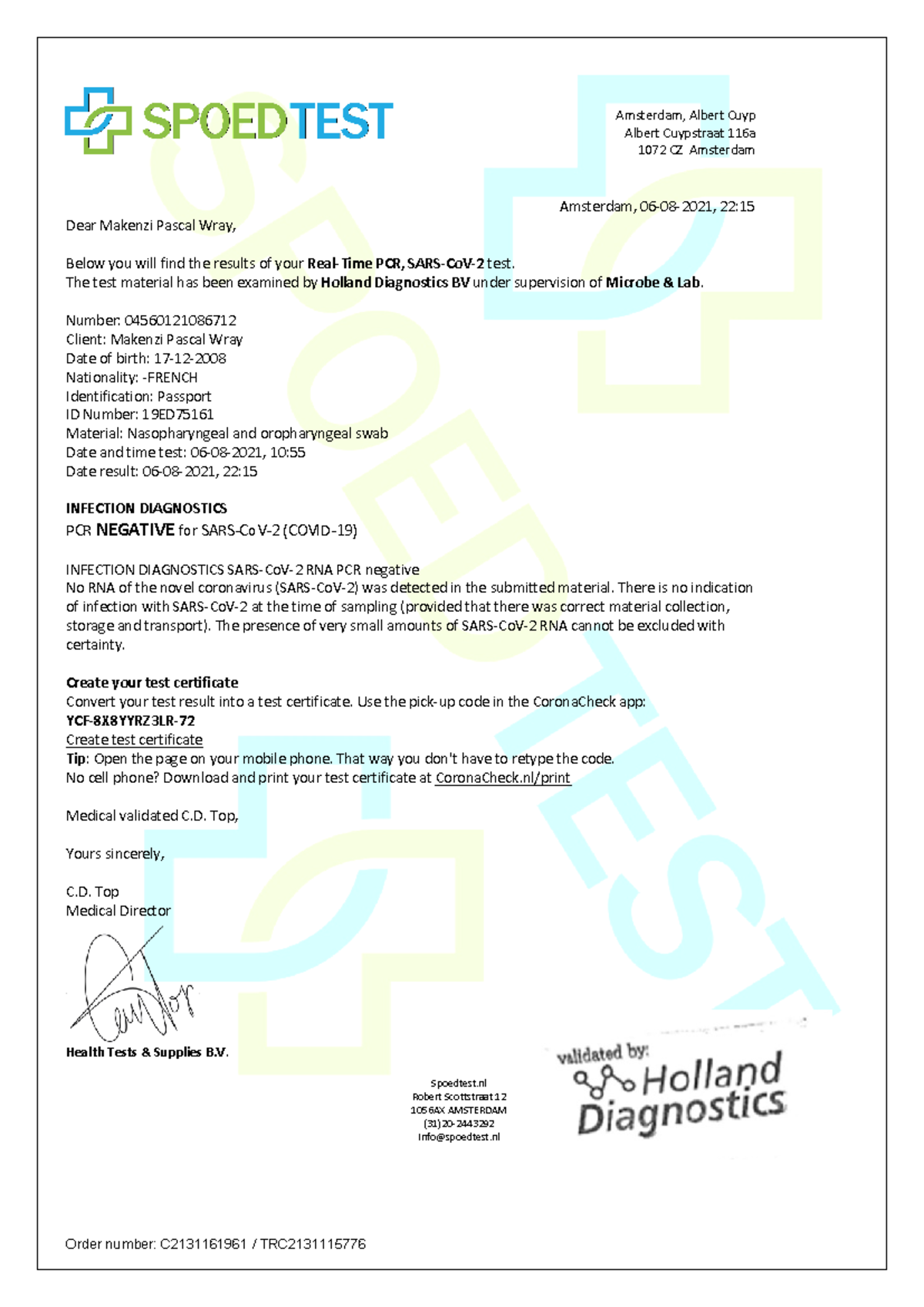 C2131161961 - Medical Certificate: SARS-CoV-2 PCR Test Result - Studeersnel