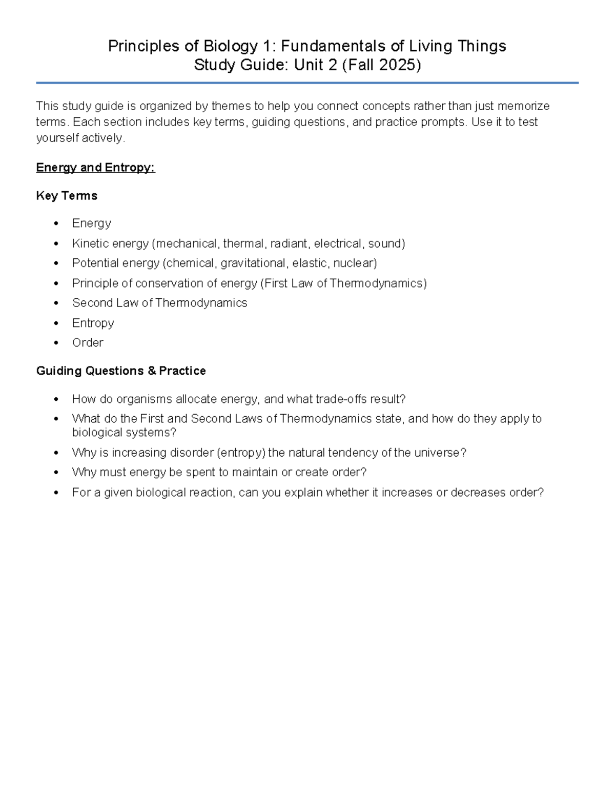 Principles of Biology I: Unit 2 Study Guide (Fall 2025) - Studocu