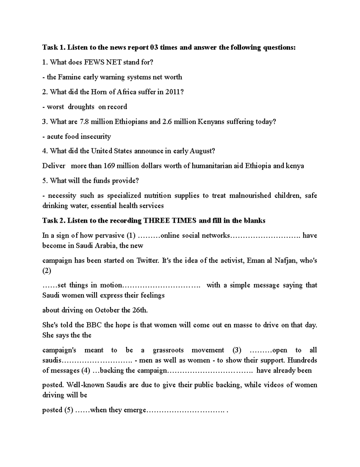 Listening Practice: News Reports & Fill-in-the-Blanks Tasks - Studocu