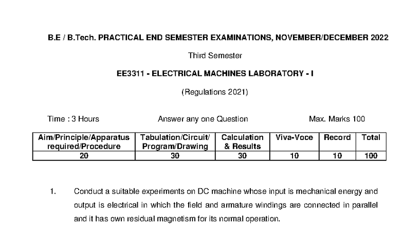 EE3311 - Practical End Semester Exam: Electrical Machines Lab I - Studocu