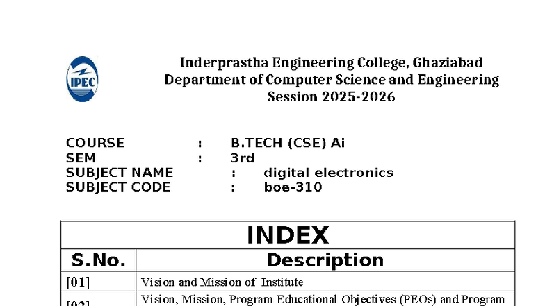 Index for Course File: B.TECH (CSE) Digital Electronics - Studocu