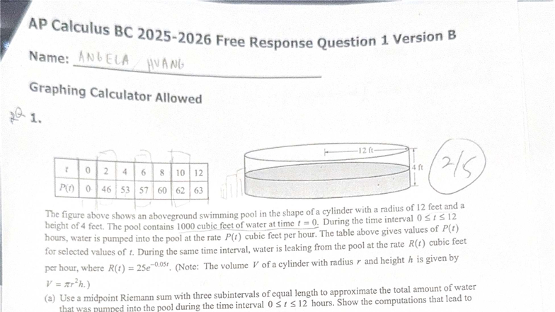 AP Calculus BC 2025-2026 Free Response Q1: Water Volume Problem - Studocu