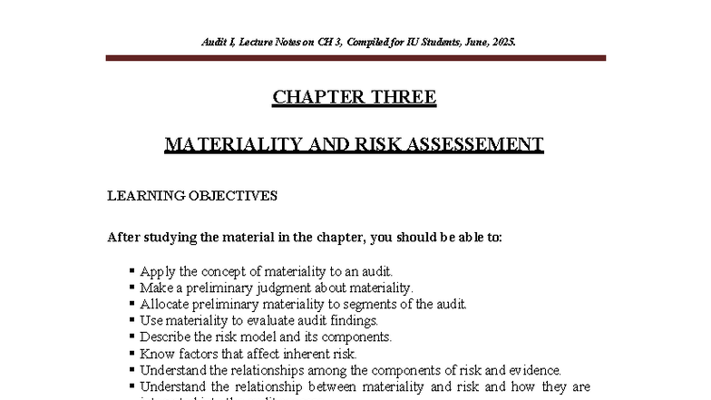 Audit I, Lecture Notes on CH 3: Materiality & Risk Assessment for IU ...