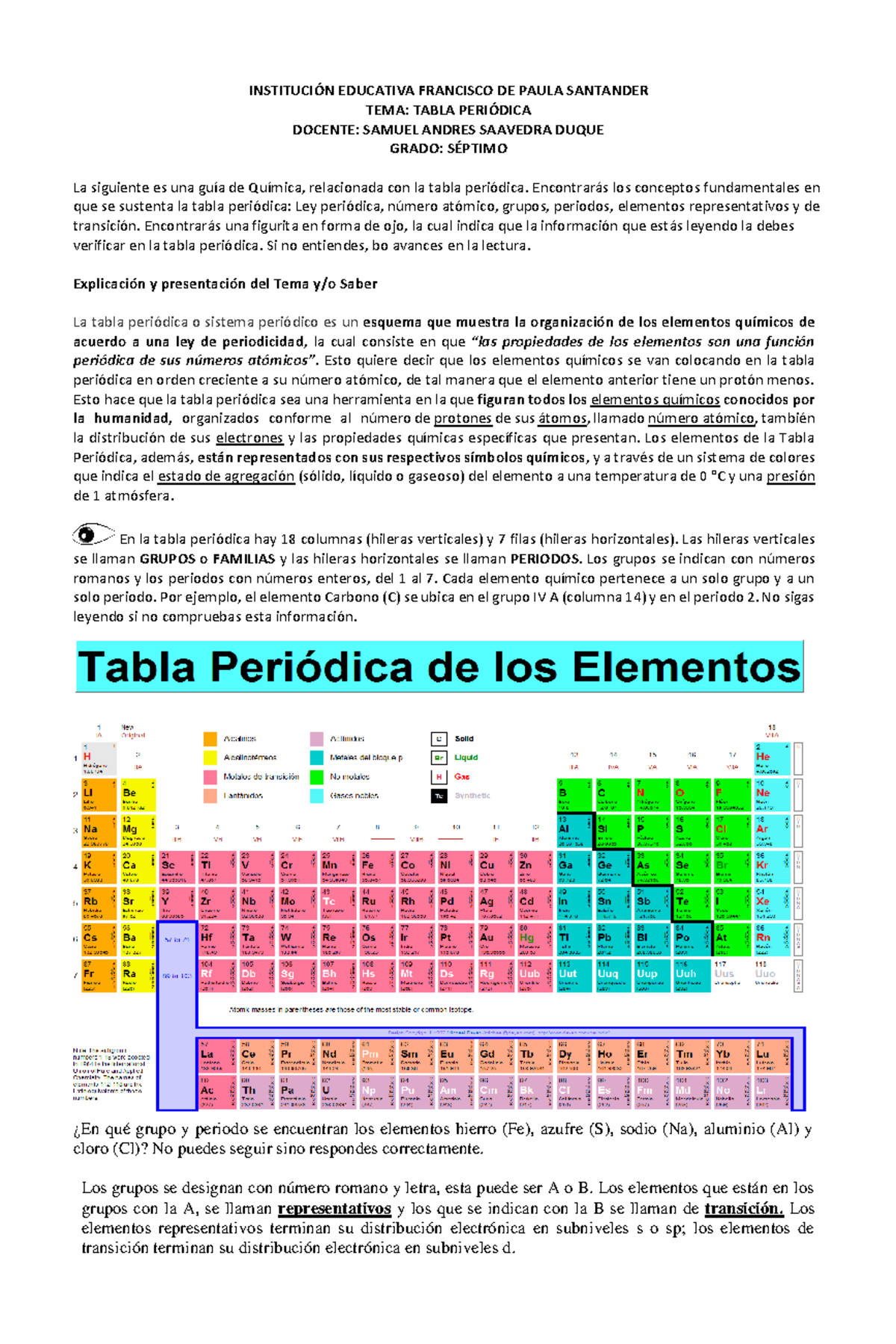 Guía de Química para Séptimo: Tabla Periódica y Conceptos Clave - Studocu