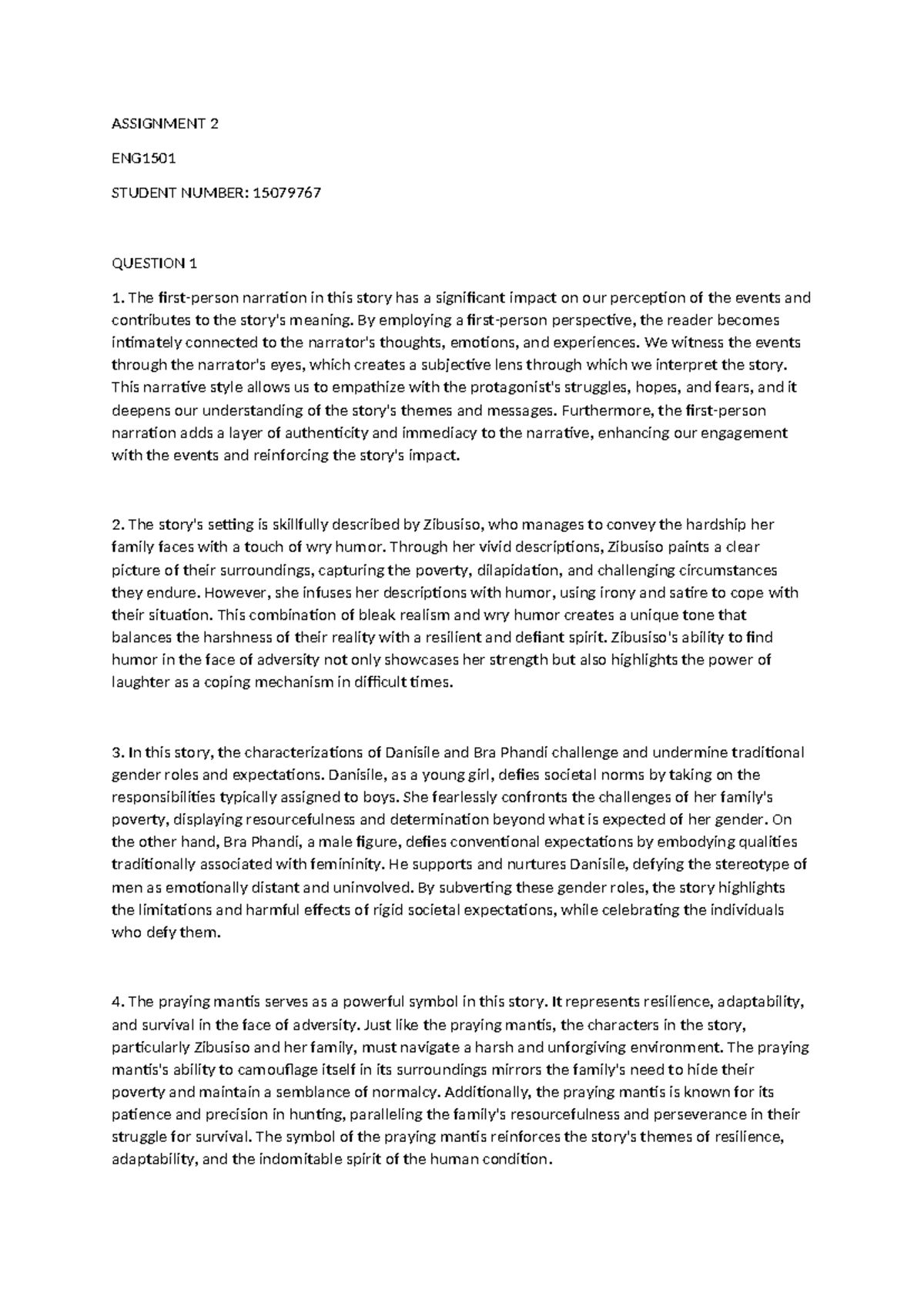 ENG1501 Assignment 2: Analyzing Narration, Setting, and Symbolism - Studocu