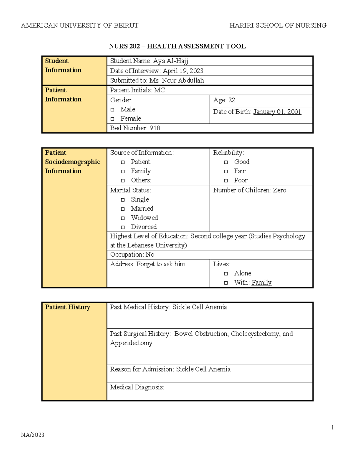 NURS 202 - Lab 1 Health Assessment Form - Student: Aya Al-Hajj - Studocu
