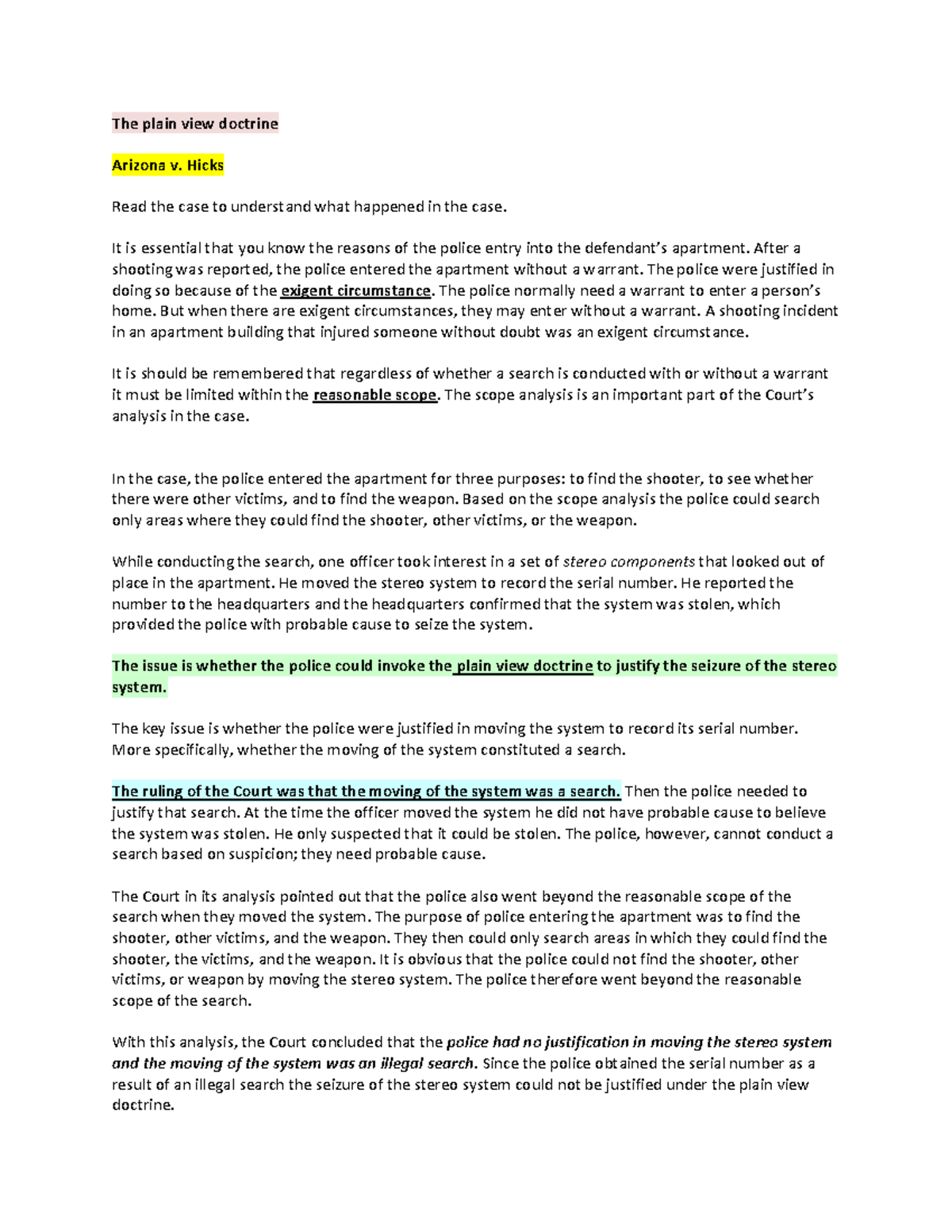 LAW 203 Unit 5 Plain View Doctrine - The plain view doctrine Arizona v ...